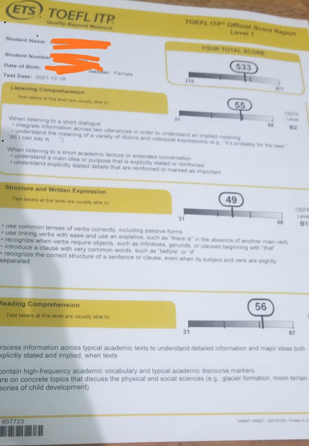 TOEFL ITP Score Report